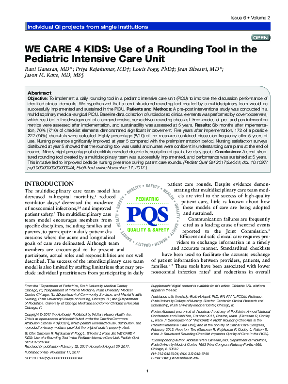 (PDF) WE CARE 4 KIDS: Use of a Rounding Tool in the Pediatric Intensive ...