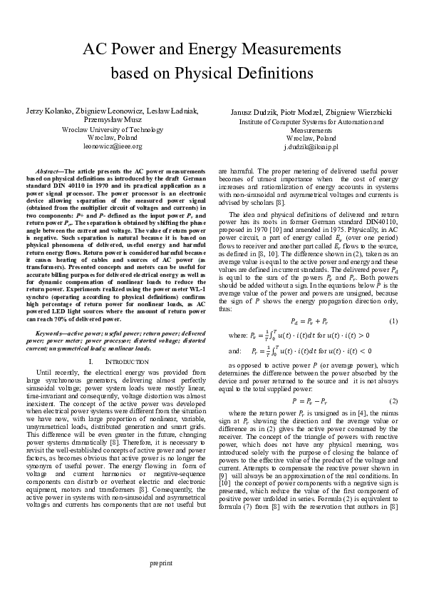 (PDF) AC power and energy measurements based on physical definitions