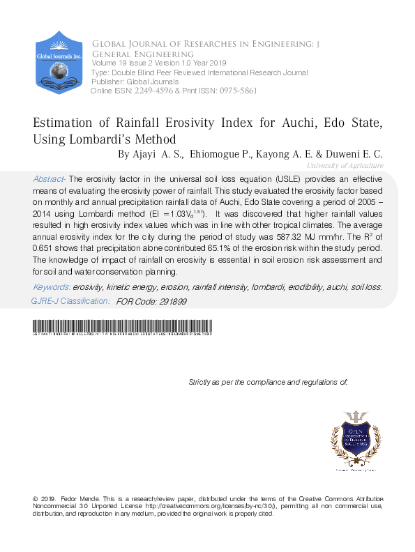 (PDF) Estimation of Rainfall Erosivity Index for Auchi, Edo State ...