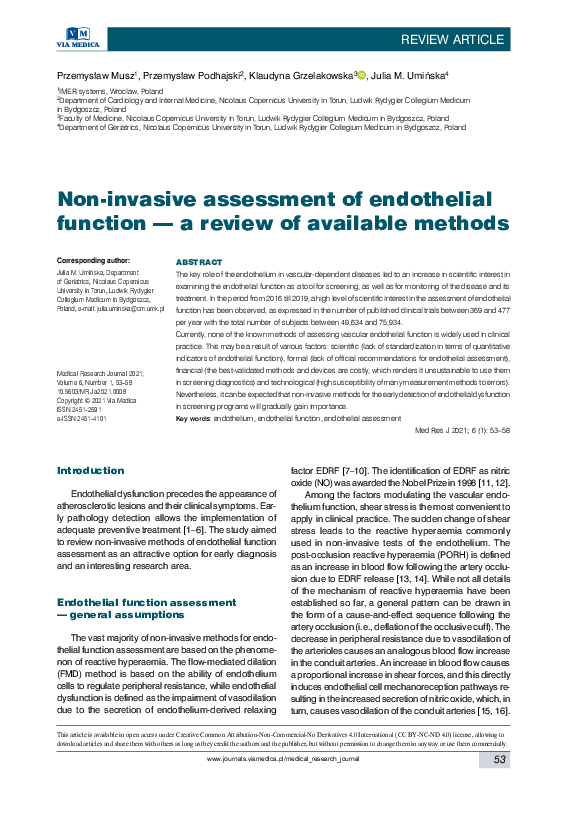Pdf Non Invasive Assessment Of Endothelial Function A Review Of