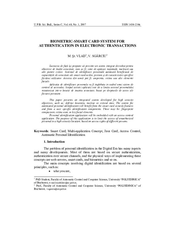 (PDF) Biometric-Smart Card System for Authentication in Electronic Transactions