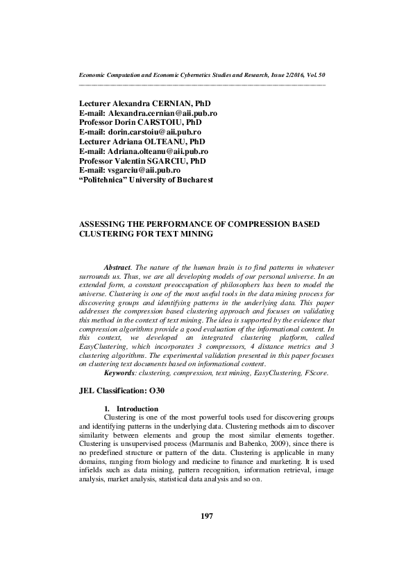 Pdf Assessing The Performance Of Compression Based Clustering For Text Mining Valentin