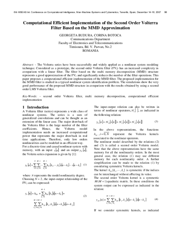 (PDF) Computational Efficient Implementation of the Second Order Volterra Filter Based on the ...