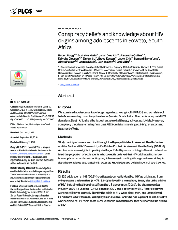 (PDF) Conspiracy beliefs and knowledge about HIV origins among ...