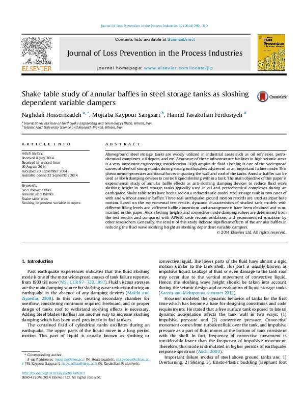 (PDF) Shake table study of annular baffles in steel storage tanks as ...
