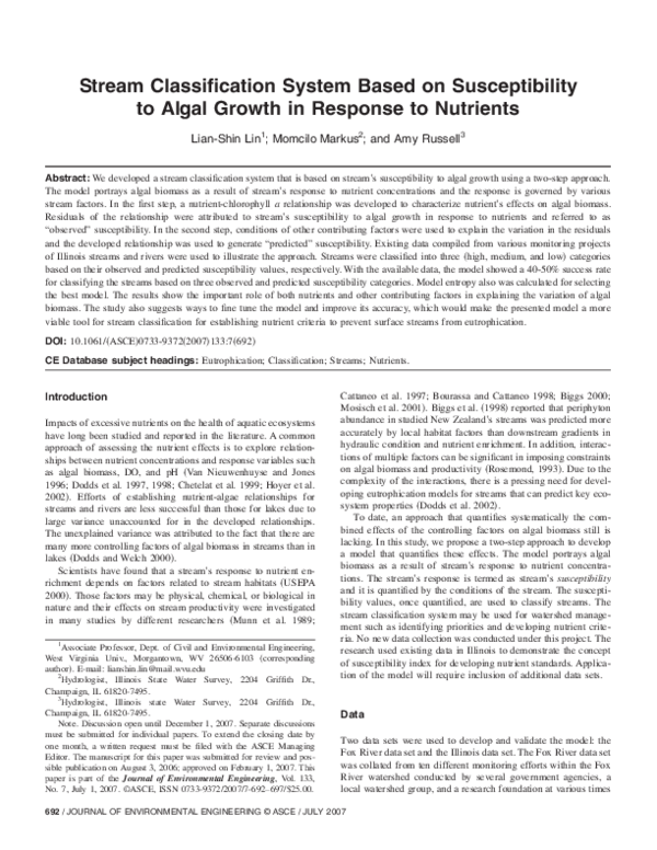 (PDF) Stream Classification by Algal Growth Susceptibility to Nutrients