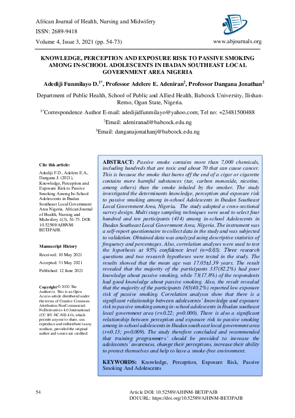(PDF) Knowledge, Perception and Exposure Risk to Passive Smoking Among In-School Adolescents in ...