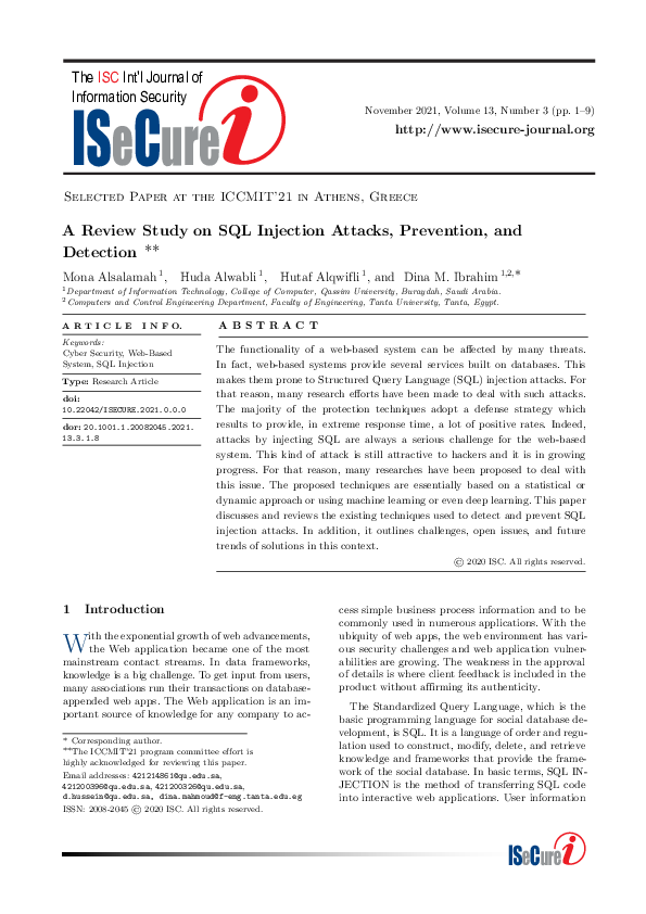 (PDF) A Review Study on SQL Injection Attacks, Prevention, and Detection