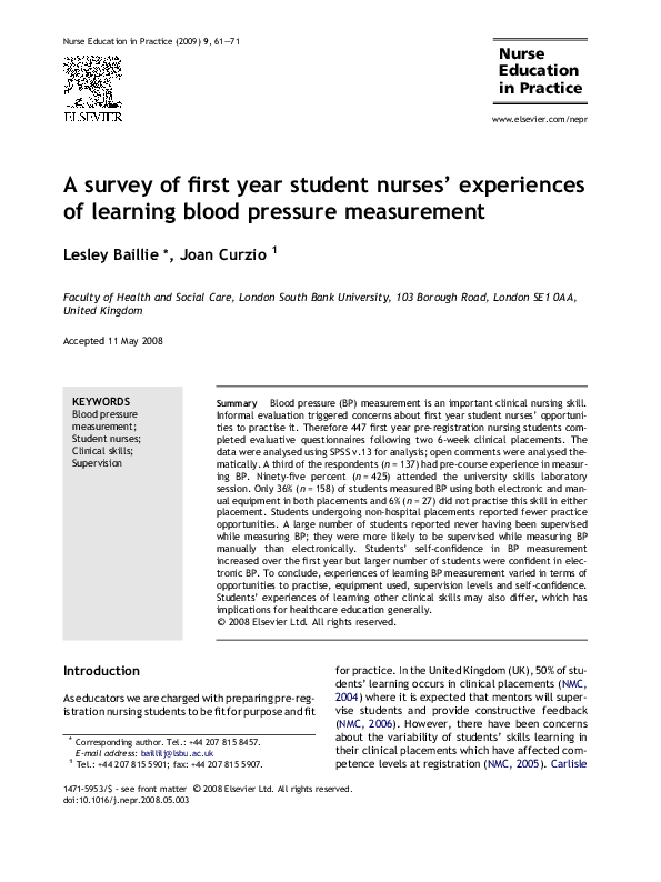 (PDF) A survey of first year student nurses’ experiences of learning blood pressure measurement