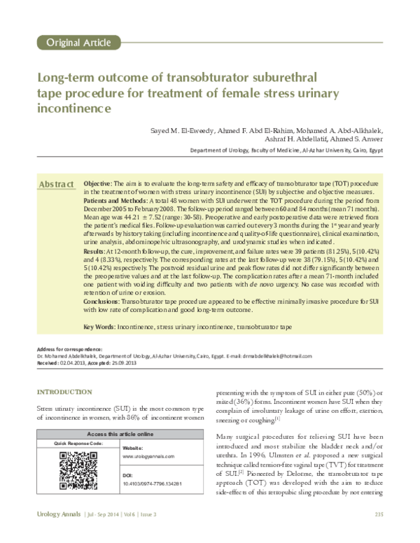 (PDF) Long-term outcome of transobturator suburethral tape procedure ...