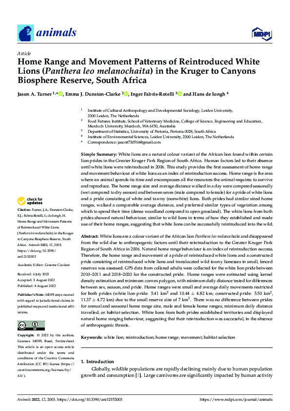 (PDF) Home Range and Movement Patterns of Reintroduced White Lions ...