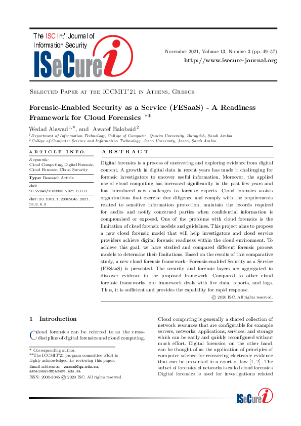 (PDF) Forensic-Enabled Security as a Service (FESaaS) -A Readiness Framework for Cloud Forensics