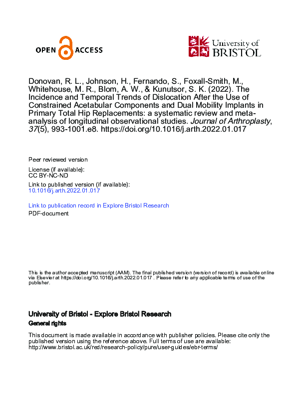 Pdf The Incidence And Temporal Trends Of Dislocation After The Use Of Constrained Acetabular