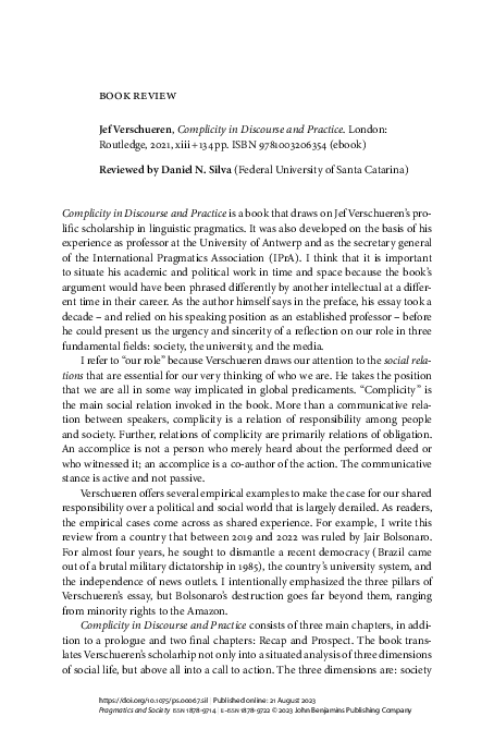 (PDF) Review of Jef Verschueren, Complicity in Discourse and Practice ...