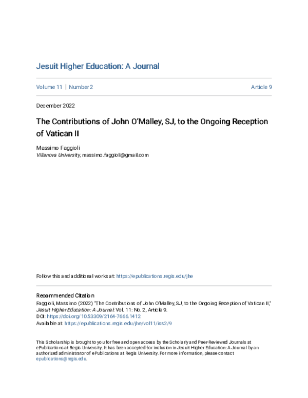 (PDF) The Contributions of John O’Malley, SJ, to the Ongoing Reception ...