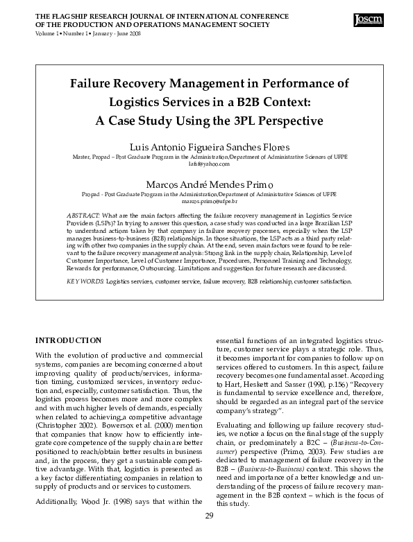 (PDF) Failure Recovery Management in Performance of Logistics Services in a B2B Context: A Case ...