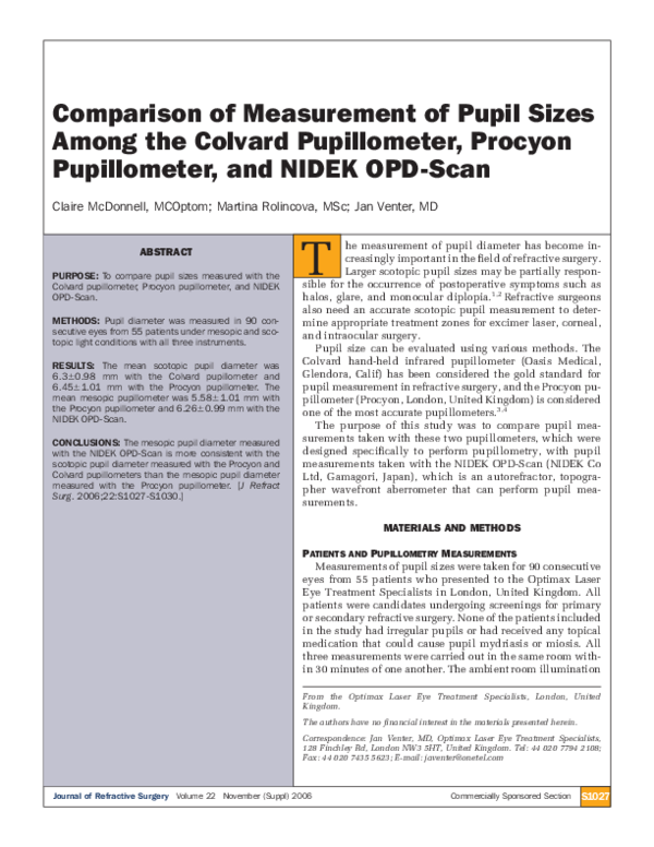 (PDF) Comparison of Measurement of Pupil Sizes Among the Colvard ...