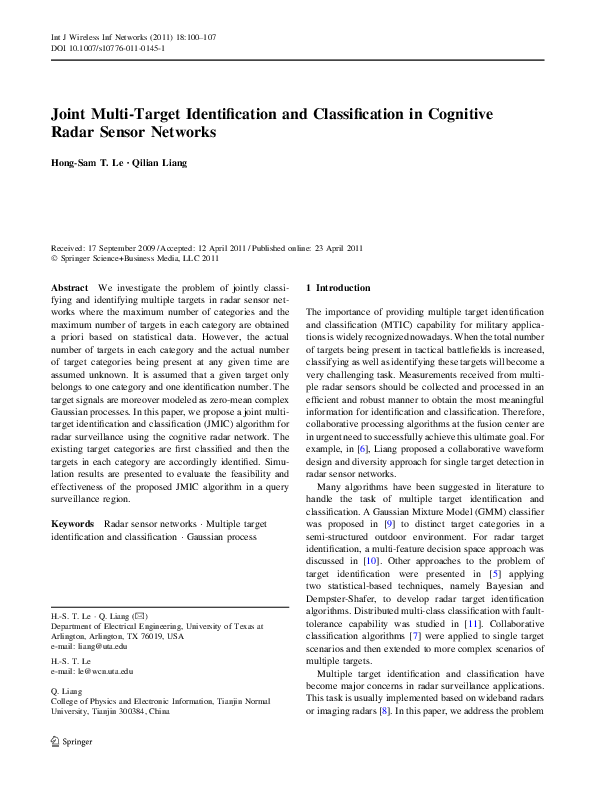 Pdf Joint Multi Target Identification And Classification In Cognitive