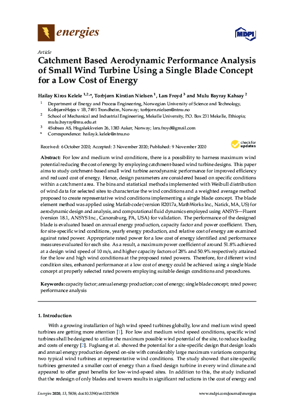 Pdf Catchment Based Aerodynamic Performance Analysis Of Small Wind Turbine Using A Single