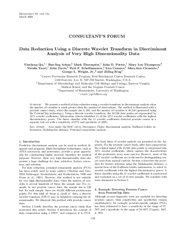 (PDF) Data Reduction Using a Discrete Wavelet Transform in Discriminant Analysis of Very High ...