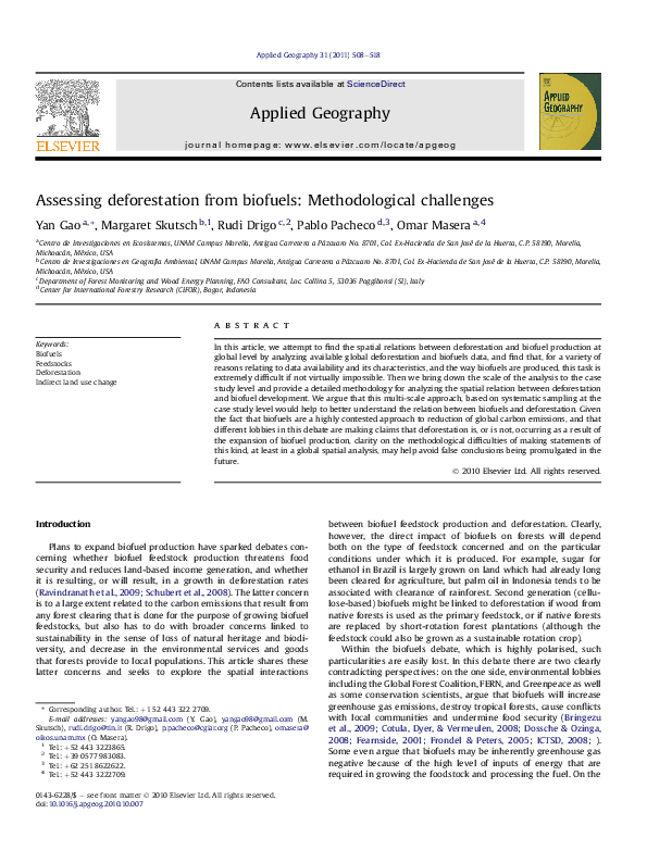 (PDF) Assessing deforestation from biofuels: Methodological challenges
