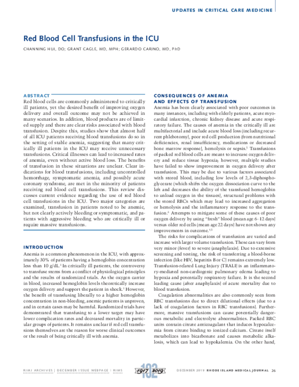 (PDF) Red Blood Cell Transfusions in the ICU
