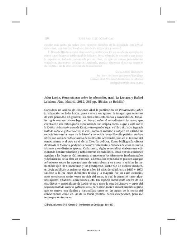 (PDF) Locke,John. Pensamientos sobre la educación. Trad. La Lectura y ...