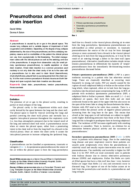 (PDF) Pneumothorax and chest drain insertion