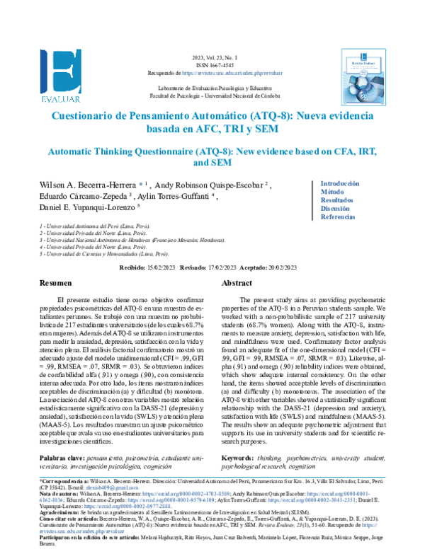 (PDF) Cuestionario de Pensamiento Automático (ATQ-8): Nueva evidencia basada en AFC, TRI y SEM