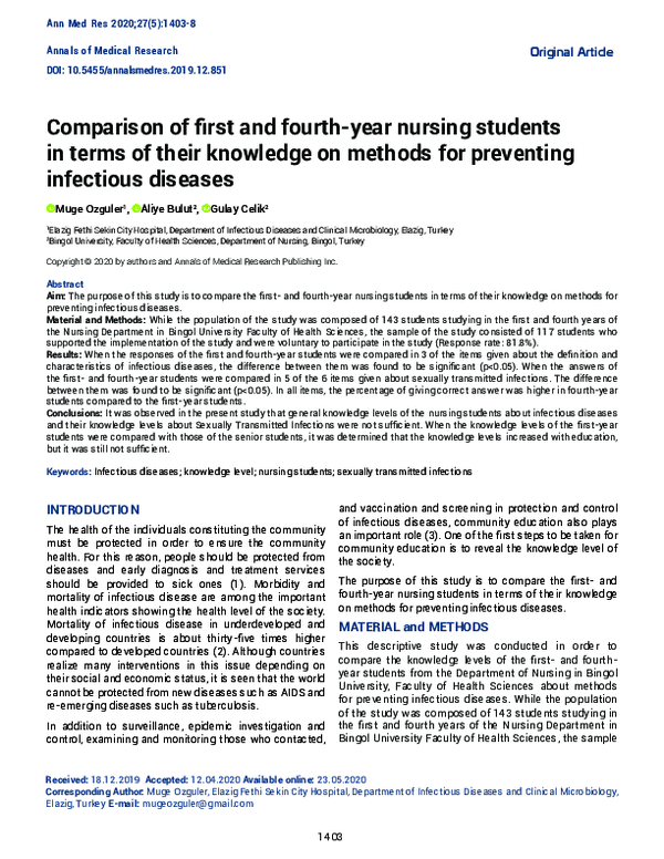 (PDF) Nursing Students' Knowledge on Infectious Disease Prevention