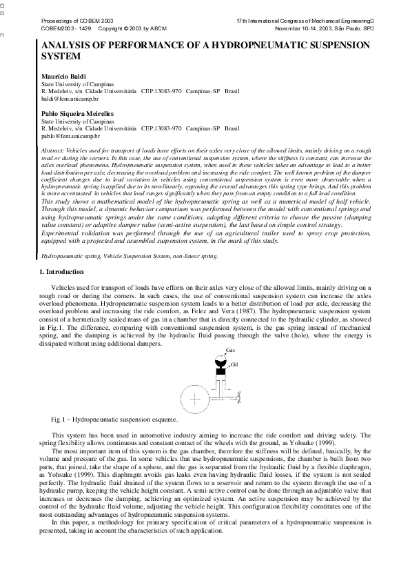 (PDF) Analysis of Performance of a Hydropneumatic Suspension System