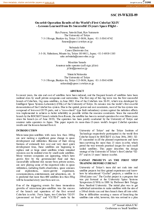 (PDF) On-Orbit Operation Results of the World\u27s First CubeSat XI-IV ...