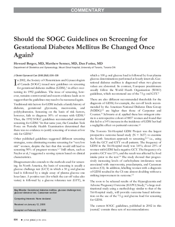 (PDF) Should the SOGC Guidelines on Screening for Gestational Diabetes ...