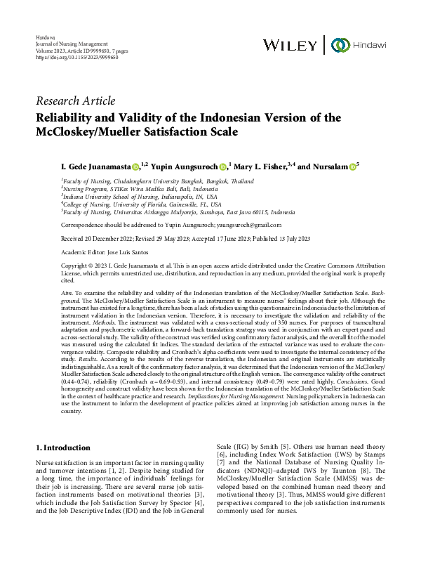 (PDF) Reliability and Validity of the Indonesian Version of the McCloskey/Mueller Satisfaction Scale