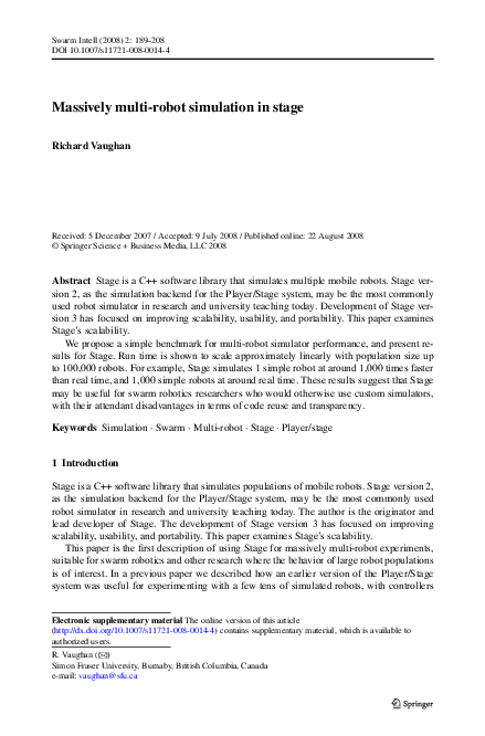 Pdf Massively Multi Robot Simulation In Stage 