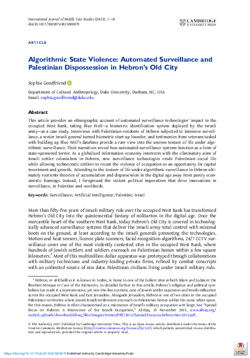 (PDF) Algorithmic State Violence: Automated Surveillance and Palestinian Dispossession in Hebron ...