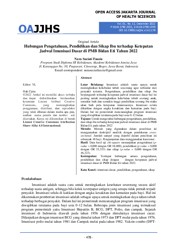 (PDF) Hubungan Pengetahuan, Pendidikan dan Sikap Ibu terhadap Ketepatan Jadwal Imunisasi Dasar ...