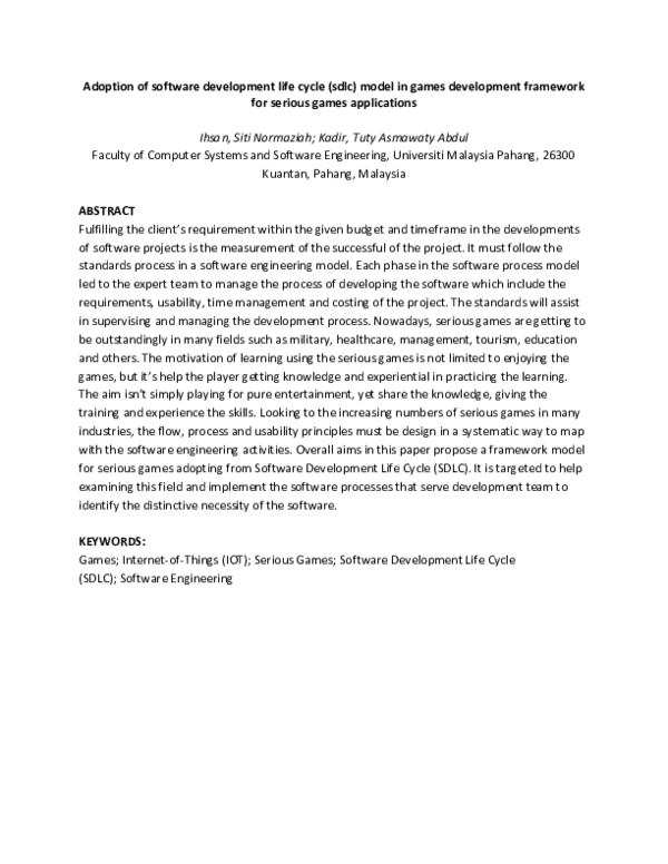 (PDF) Adoption of Software Development Life Cycle (SDLC) Model in Games ...
