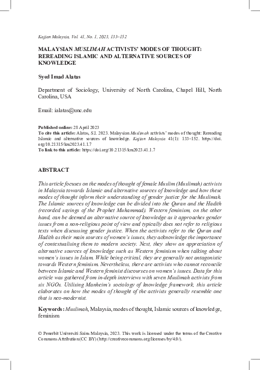 (PDF) MALAYSIAN MUSLIMAH ACTIVISTS' MODES OF THOUGHT: REREADING ISLAMIC ...