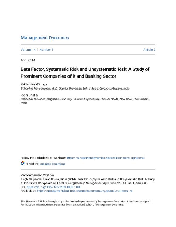 (PDF) Beta Factor, Systematic Risk and Unsystematic Risk: A Study of ...