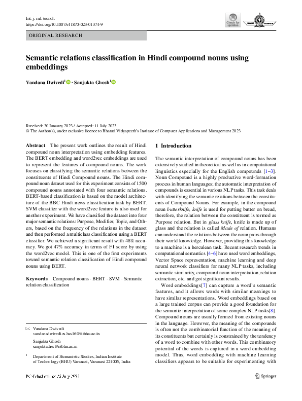 (PDF) Semantic relations classification in Hindi compound nouns using embeddings