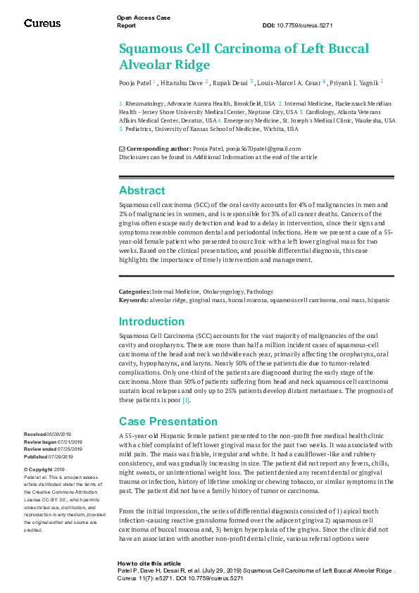 (PDF) Squamous Cell Carcinoma of Left Buccal Alveolar Ridge