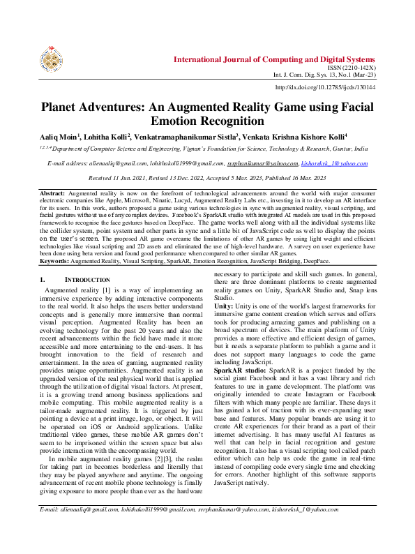 (PDF) Planet Adventures: An Augmented Reality Game using Facial Emotion Recognition