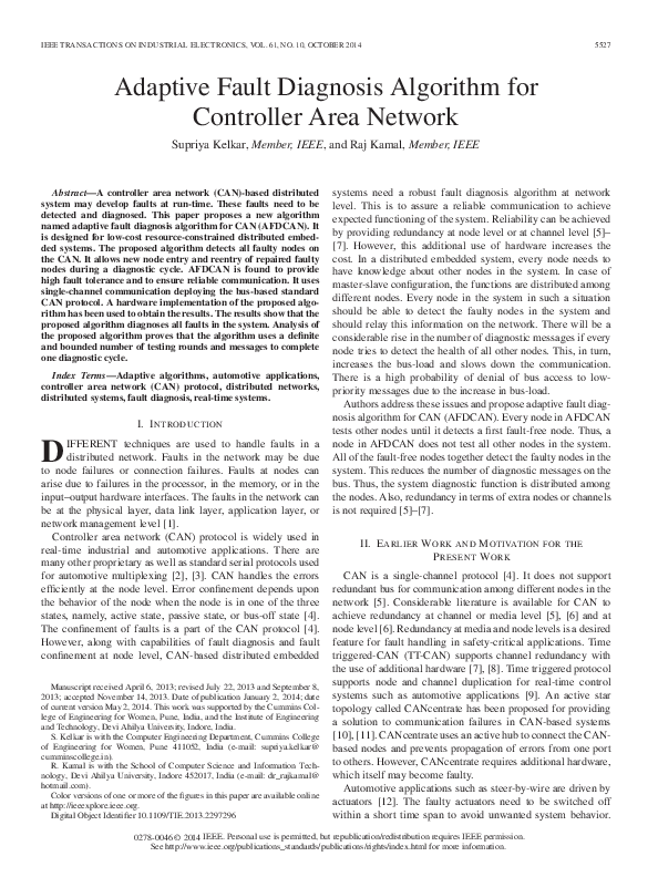 Pdf Adaptive Fault Diagnosis Algorithm For Controller Area Network Raj Mass Kamal