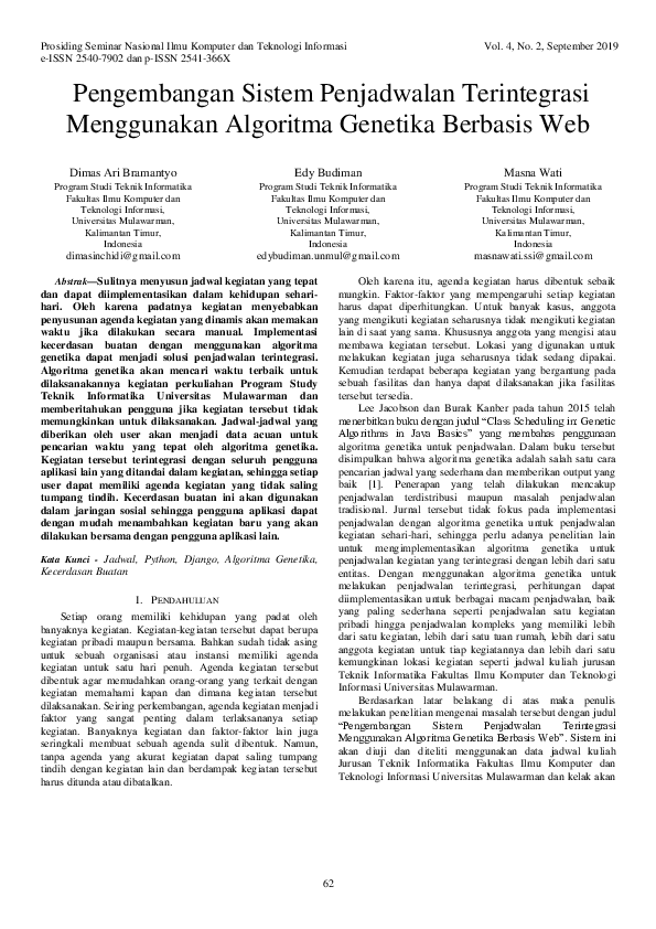 (PDF) Pengembangan Sistem Penjadwalan Terintegrasi Menggunakan Algoritma Genetika Berbasis Web
