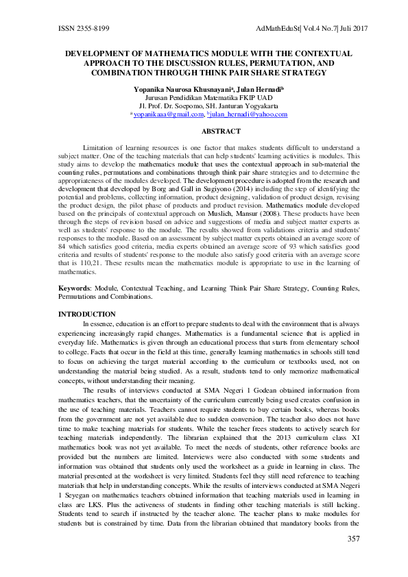 (PDF) Development of Mathematics Module with the Contextual Approach to ...