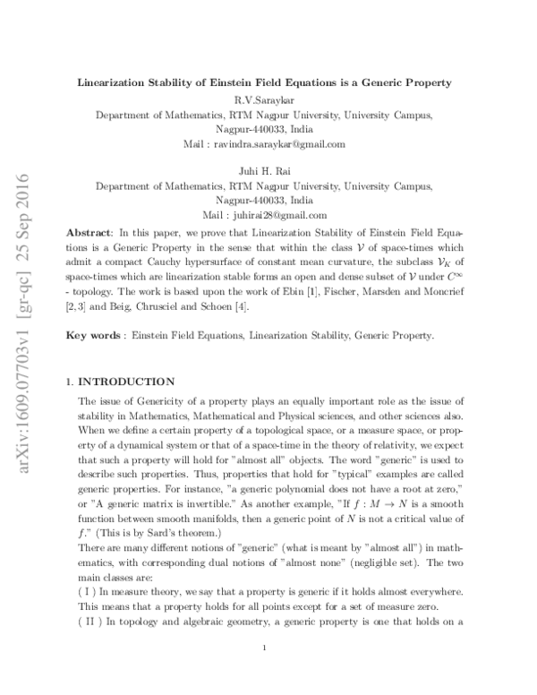 (PDF) Linearization Stability of Einstein Field Equations is a Generic ...