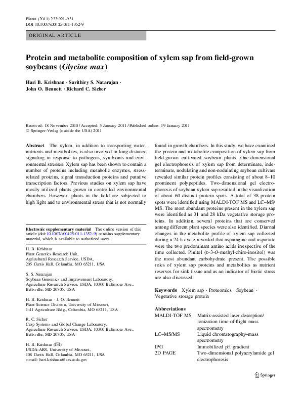 (PDF) Protein and metabolite composition of xylem sap from field-grown soybeans (Glycine max)