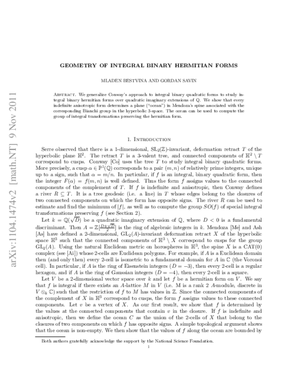 (PDF) Geometry of integral binary hermitian forms