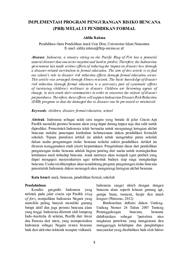 (PDF) Implementasi Program Pengurangan Risiko Bencana(PRB) Melalui Pendidikan Formal